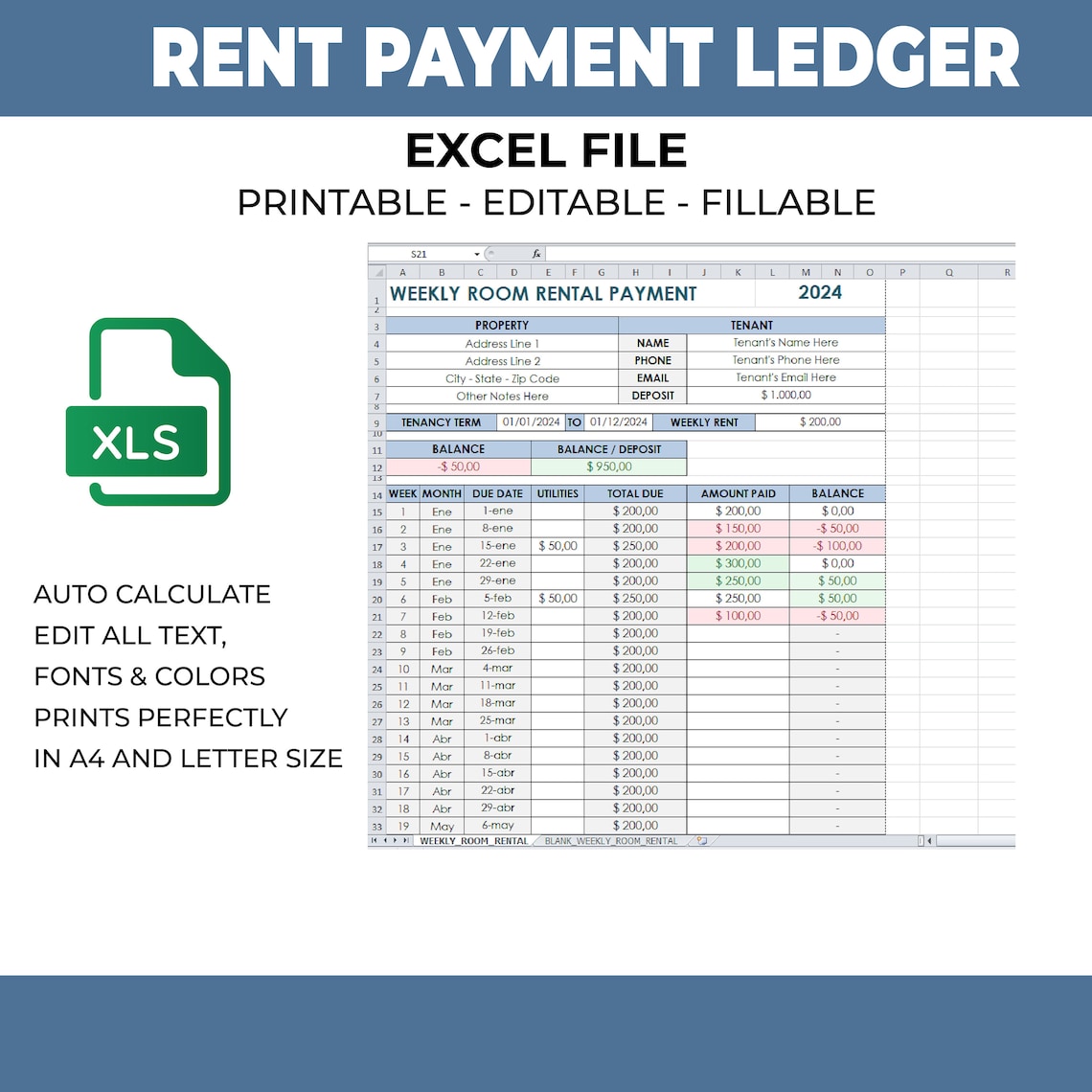 Weekly Rent Payment Ledger Spreadsheet Template. Weekly Rent Payment ...