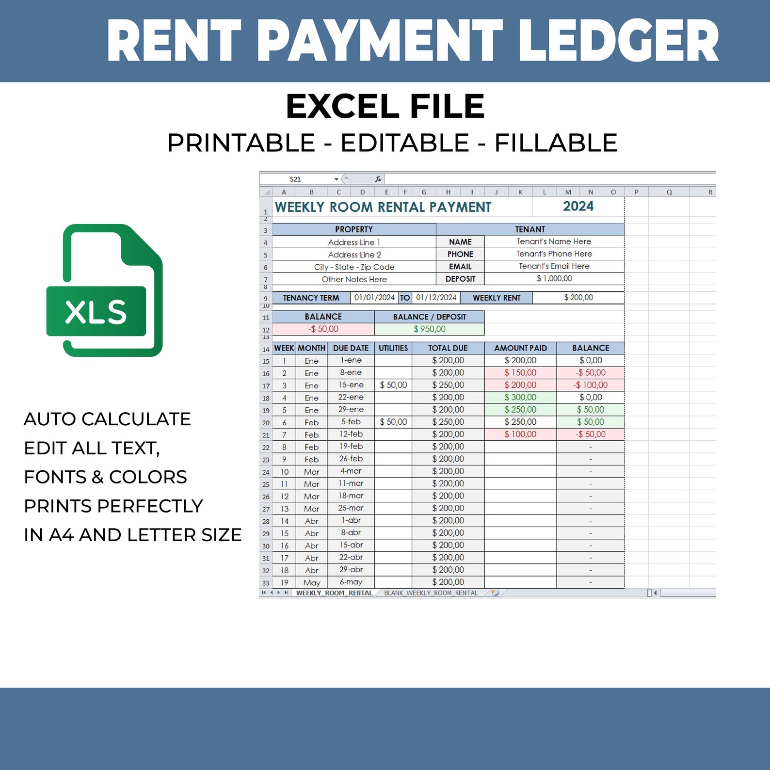 Weekly Rent Payment Ledger Spreadsheet Template. Weekly Rent Payment ...