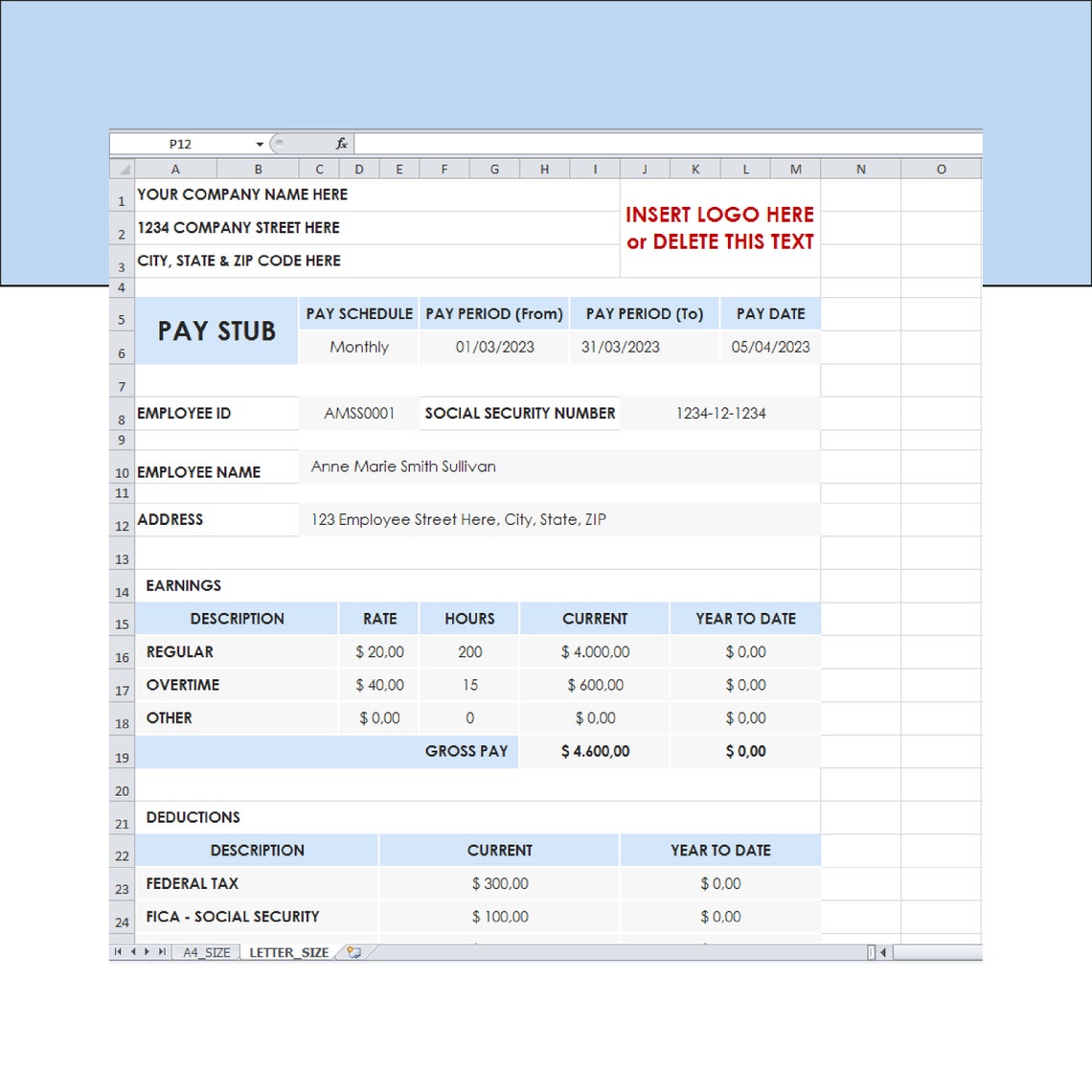 Paystub Template. Editable Paystub Template. Automatic Calculation ...
