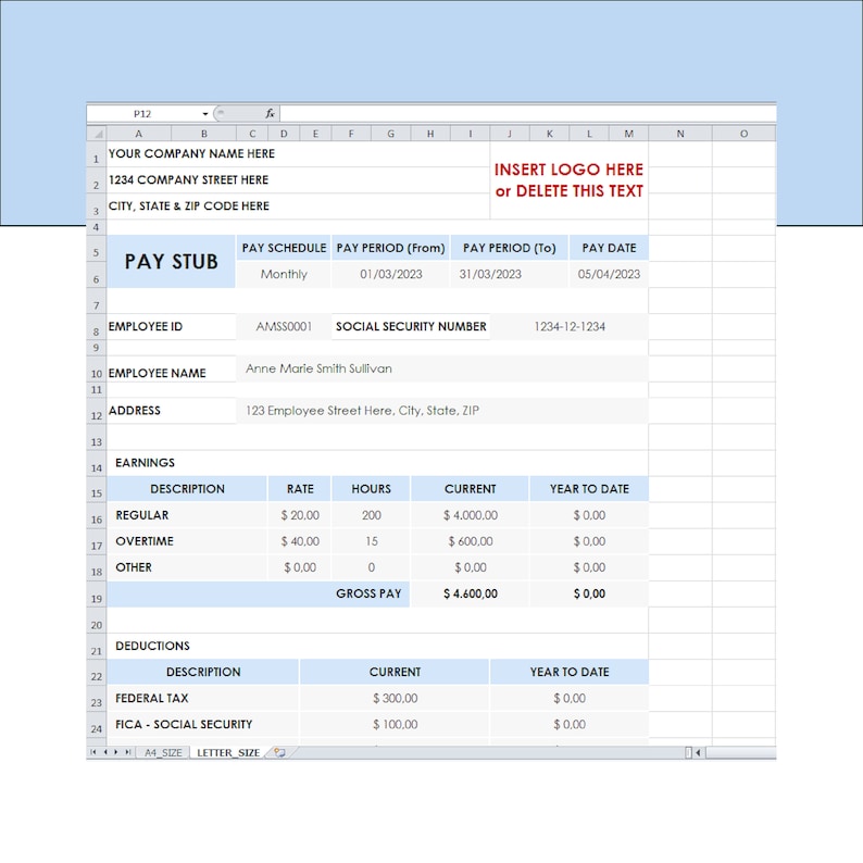 Paystub Template. Editable Paystub Template. Automatic Calculation ...