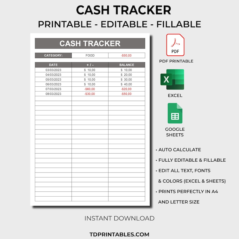 Cash Tracker Printable Editable Fillable. PDF Money Log Printable ...