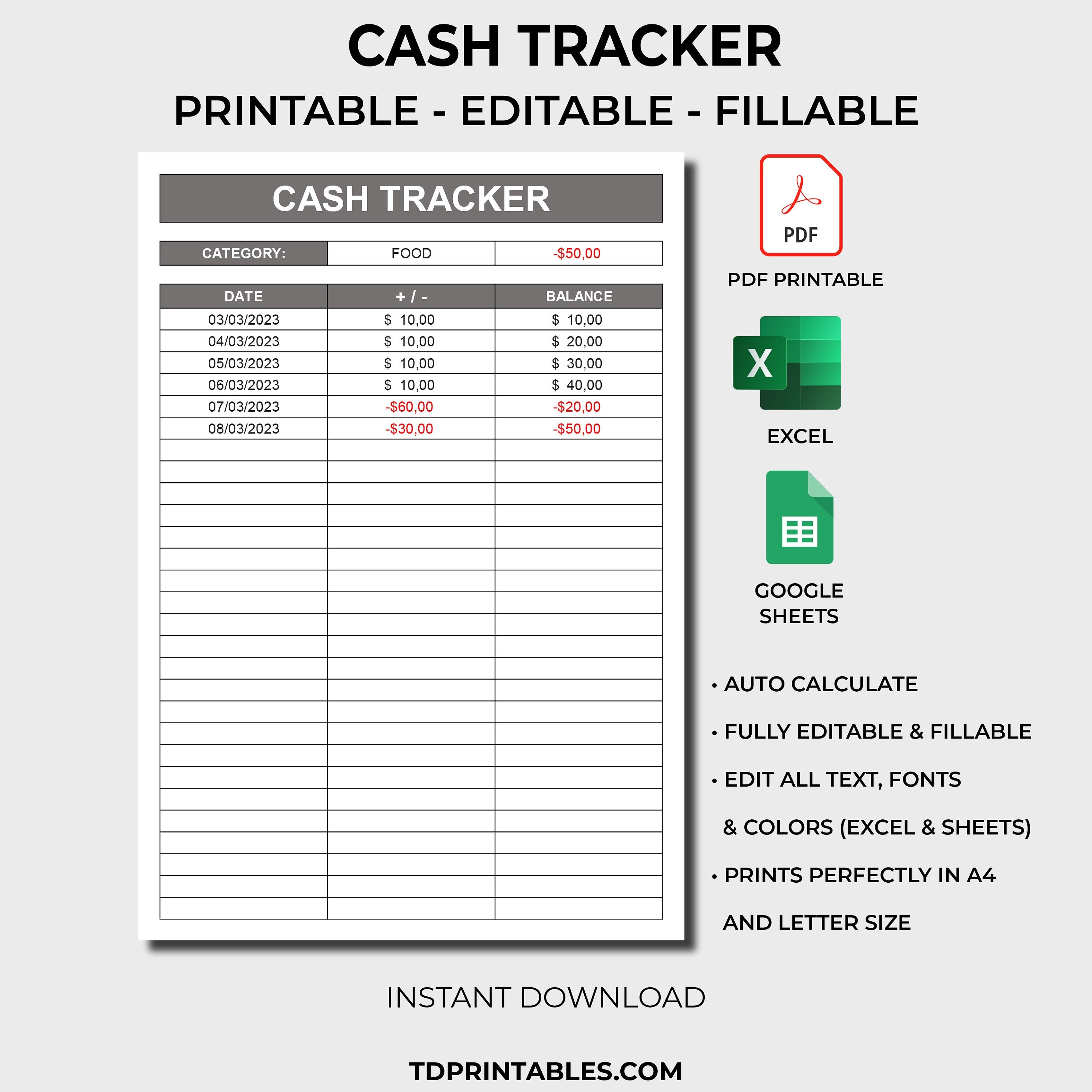 Cash Tracker Printable Editable Fillable. PDF Money Log Printable ...