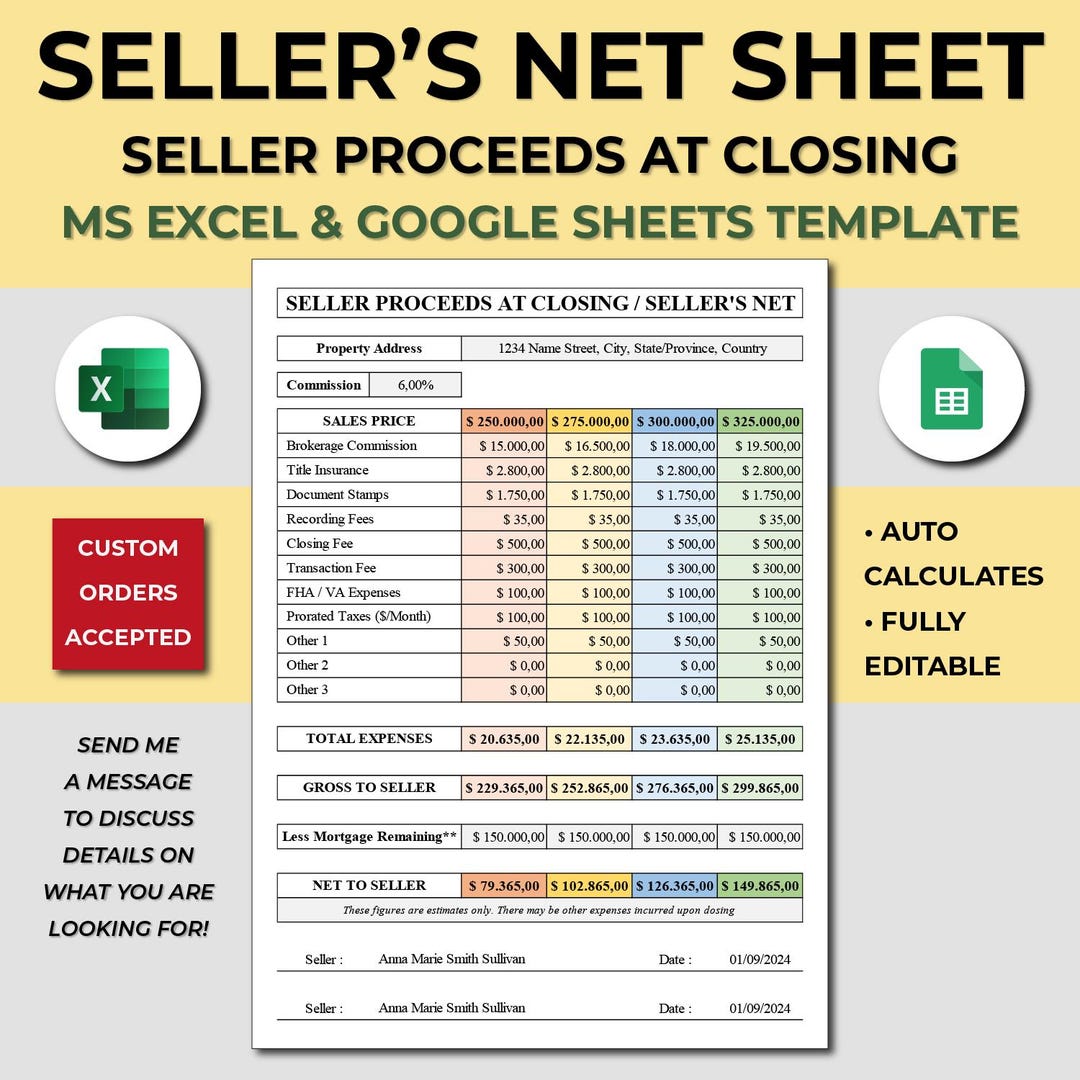 Seller's Net Spreadsheet. Seller Proceeds Sheet. Seller Estimated ...