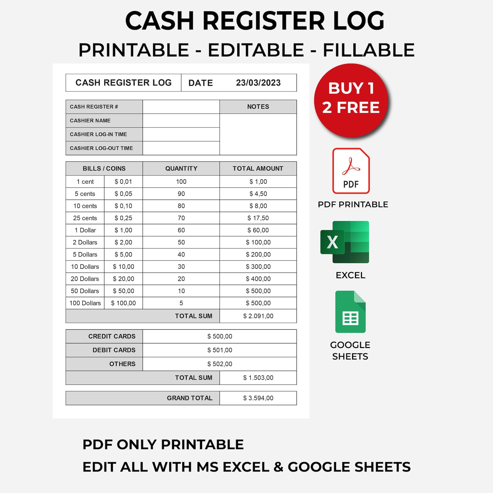 Cash Register Log, Cash Registry, Cash Log, Petty Cash, Money Log ...