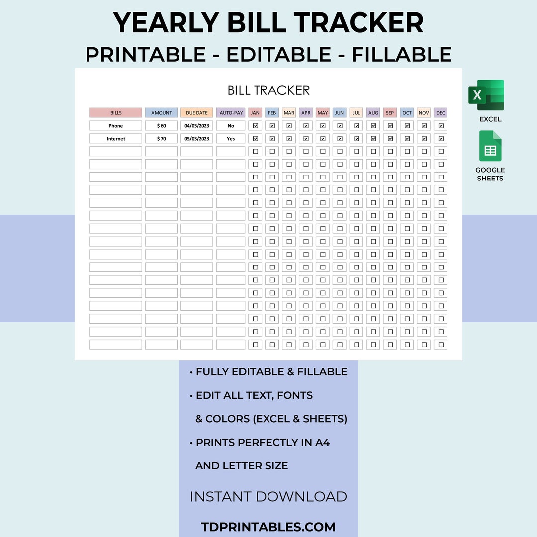 Editable Yearly Bill Payment Tracker,printable Bill Payment Checklist ...