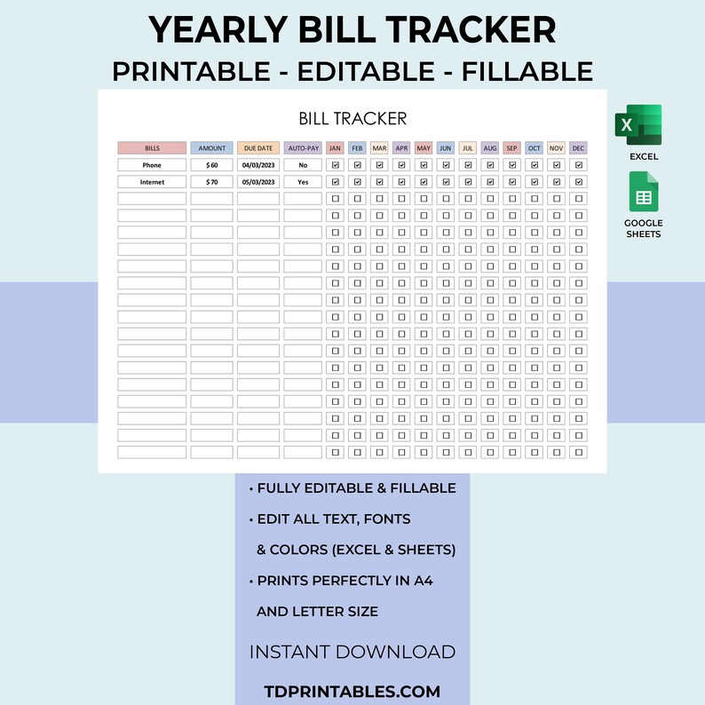 Editable Yearly Bill Payment Tracker,printable Bill Payment Checklist ...