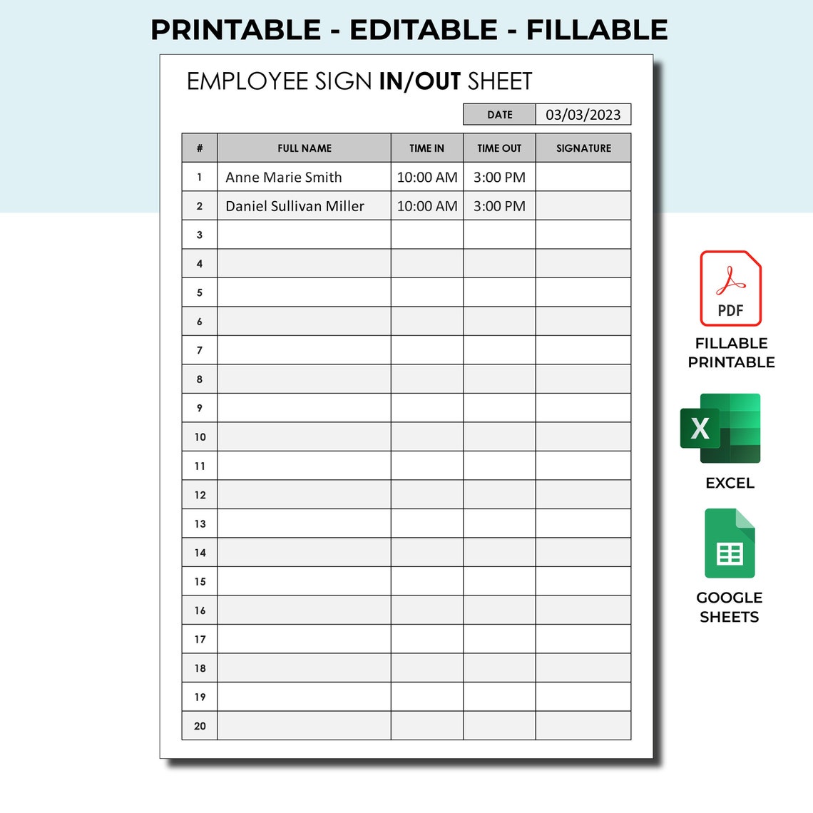 Printable Employee Sign Sheet. Sign in Out Form Template. Employee Log ...