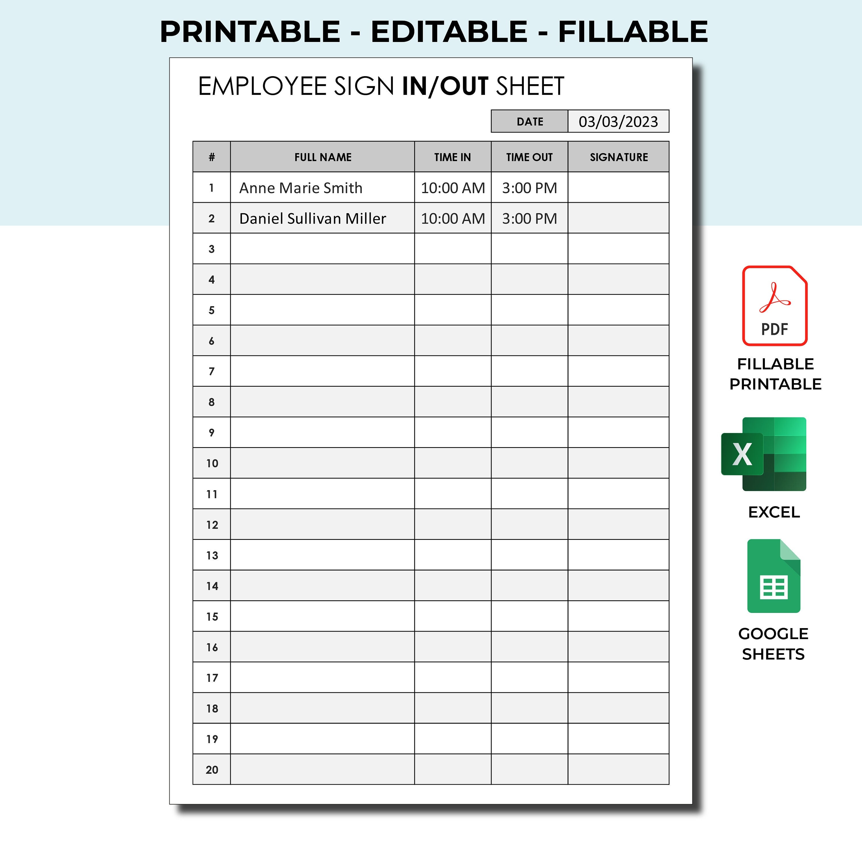 Printable Employee Sign Sheet. Sign in Out Form Template. Employee Log ...