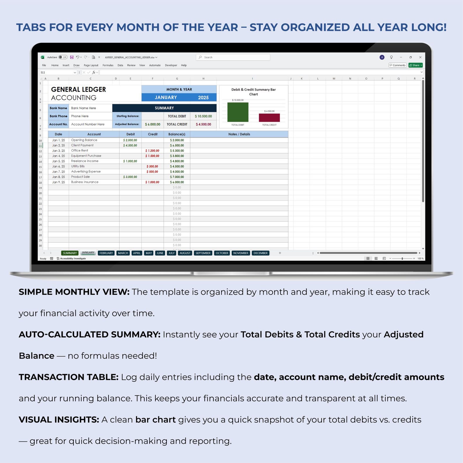 Excel & Google Sheets Template: Bank Ledger Sheet, General Ledger ...