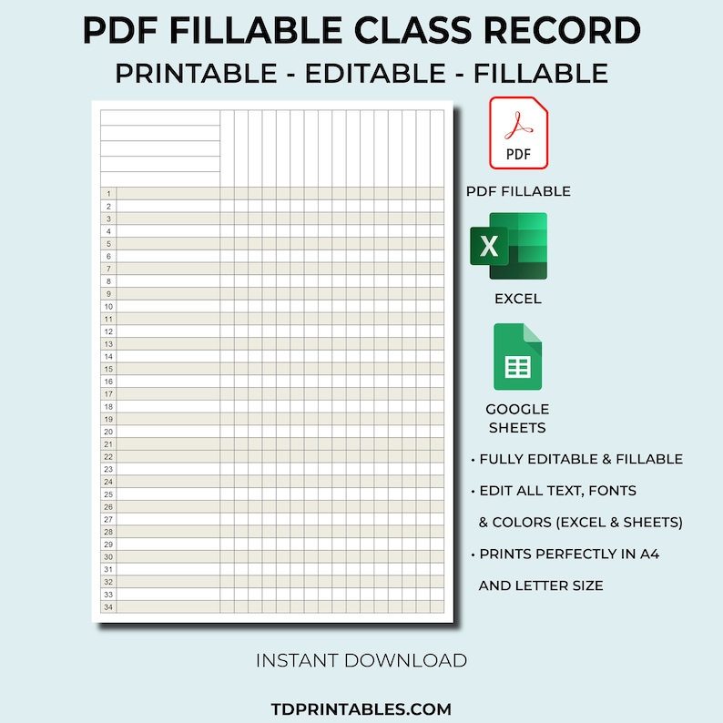 Printable Fillable Class Record, Class Gradebook, Teacher Gradebook ...