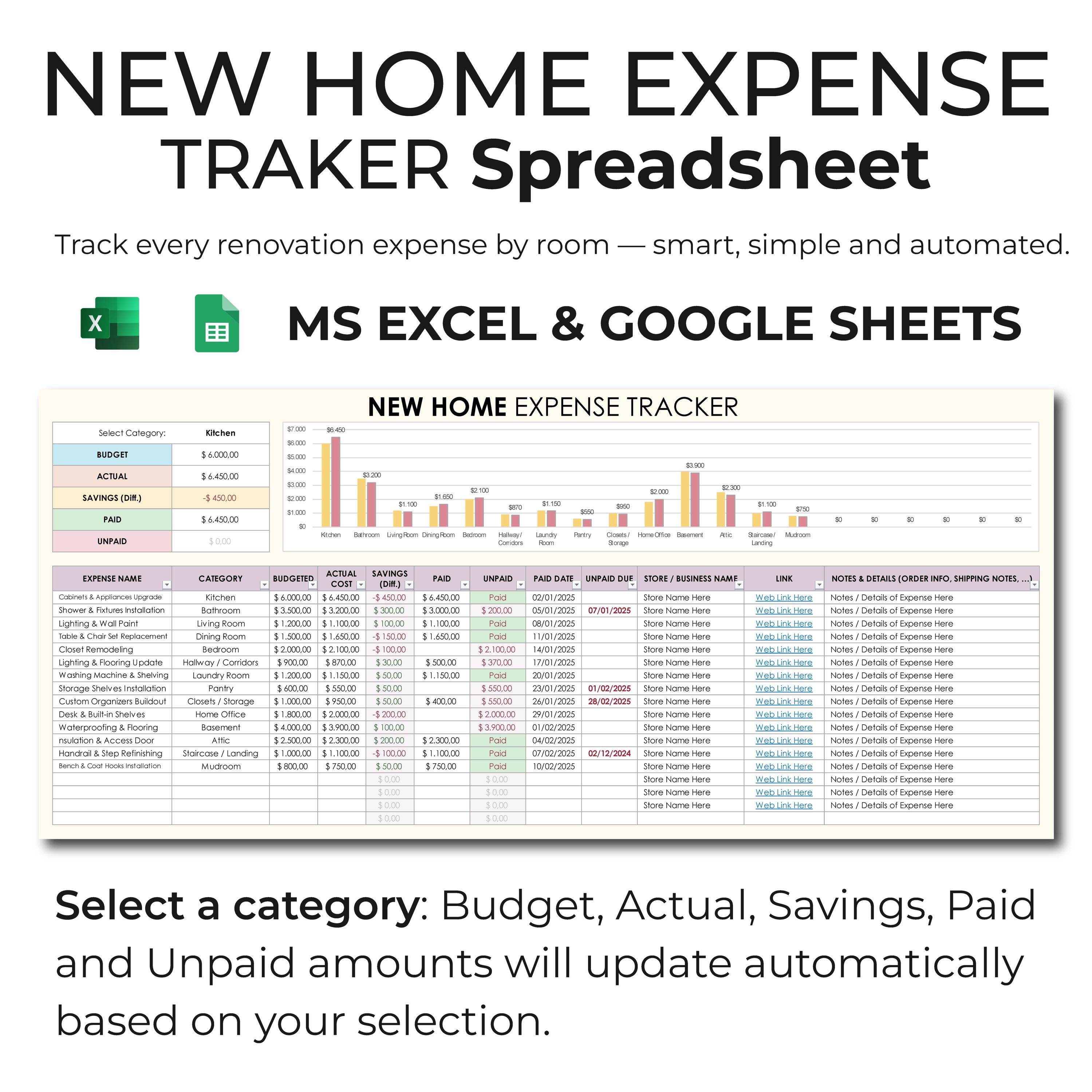 New Home Expense Tracker Spredsheet Template, Excel & Google Sheets ...