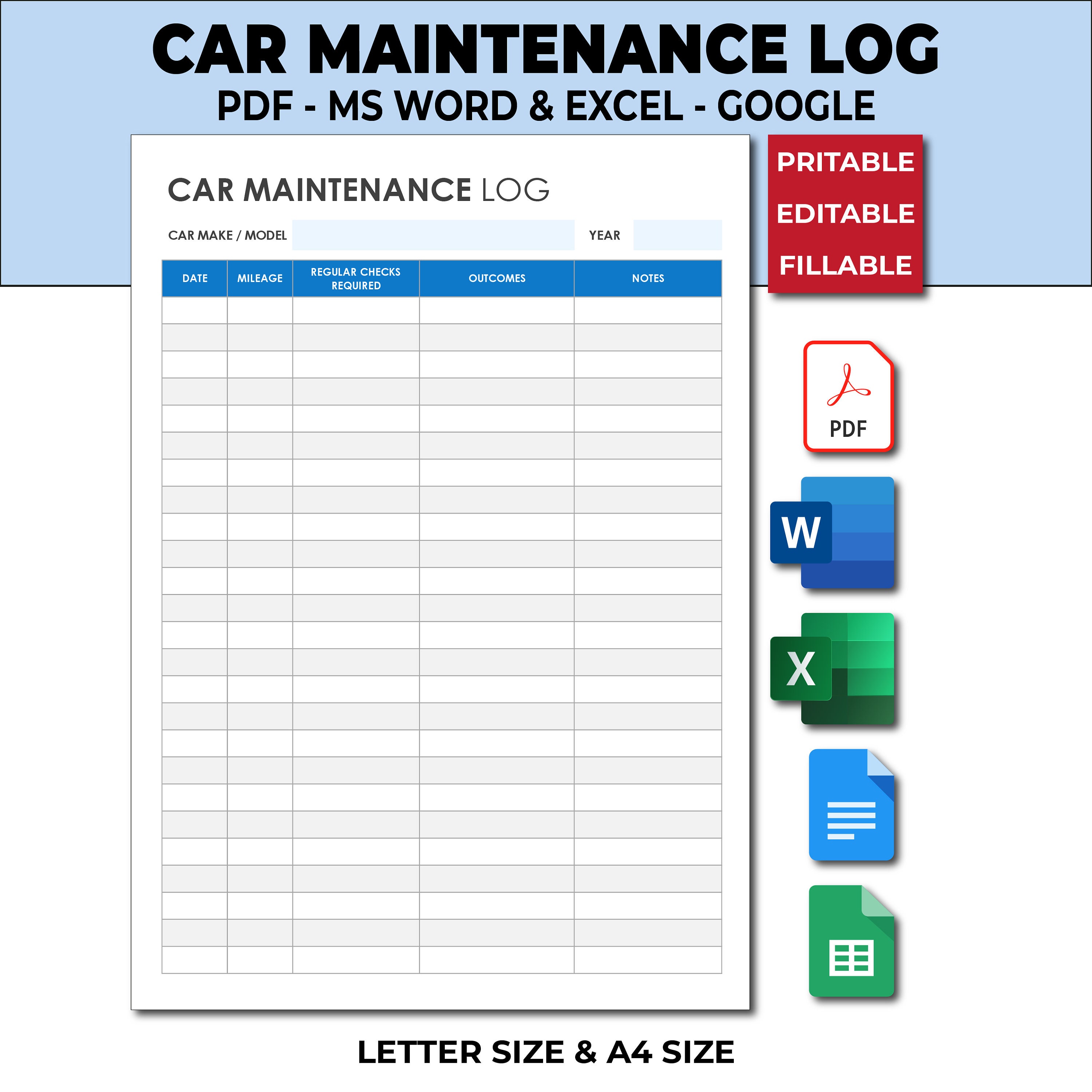 Car Maintenance Log. Auto Maintenance Tracker. Vehicle Care Log. Auto ...