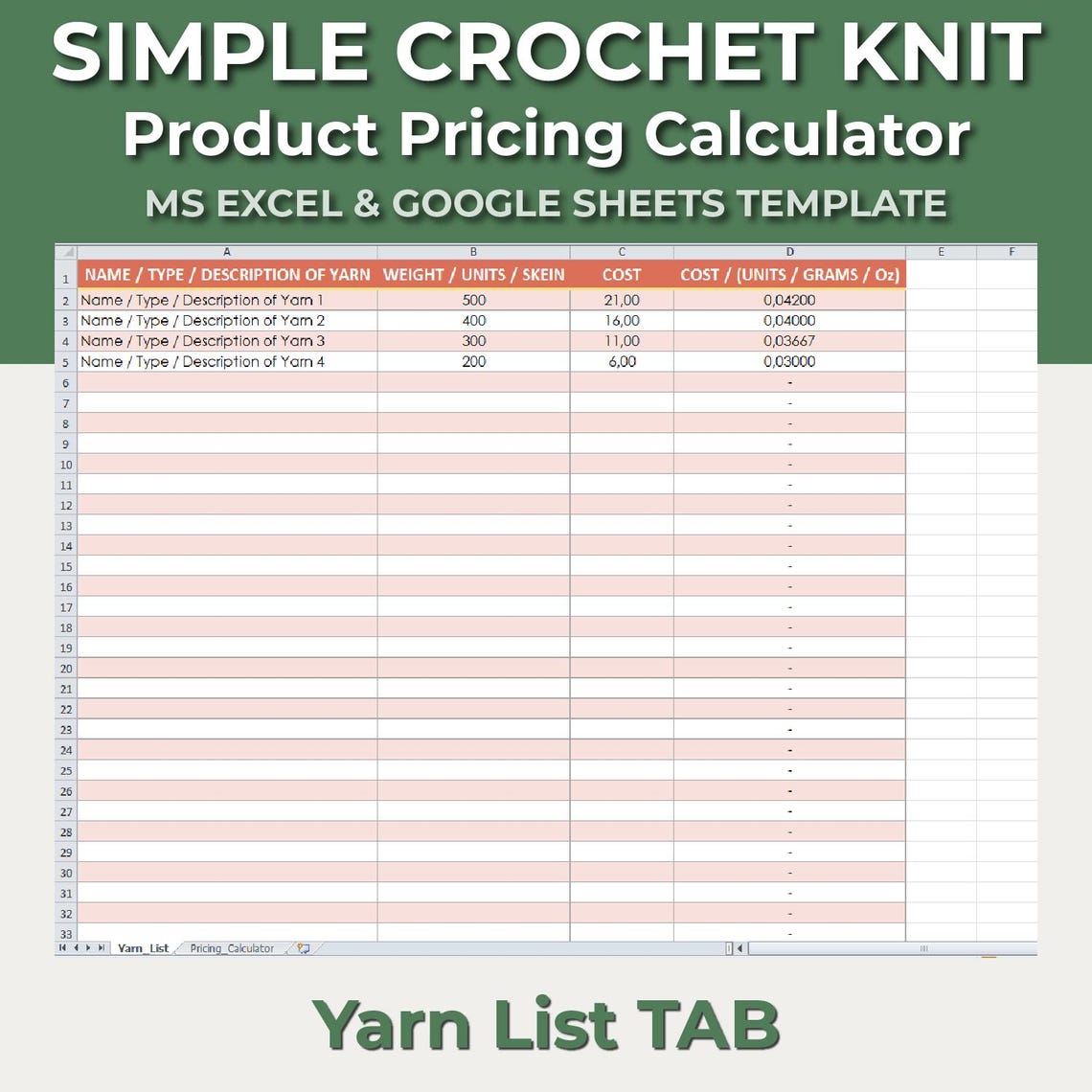 Crochet Spreadsheet Template for Knitter and Crocheters. Crochet Craft ...