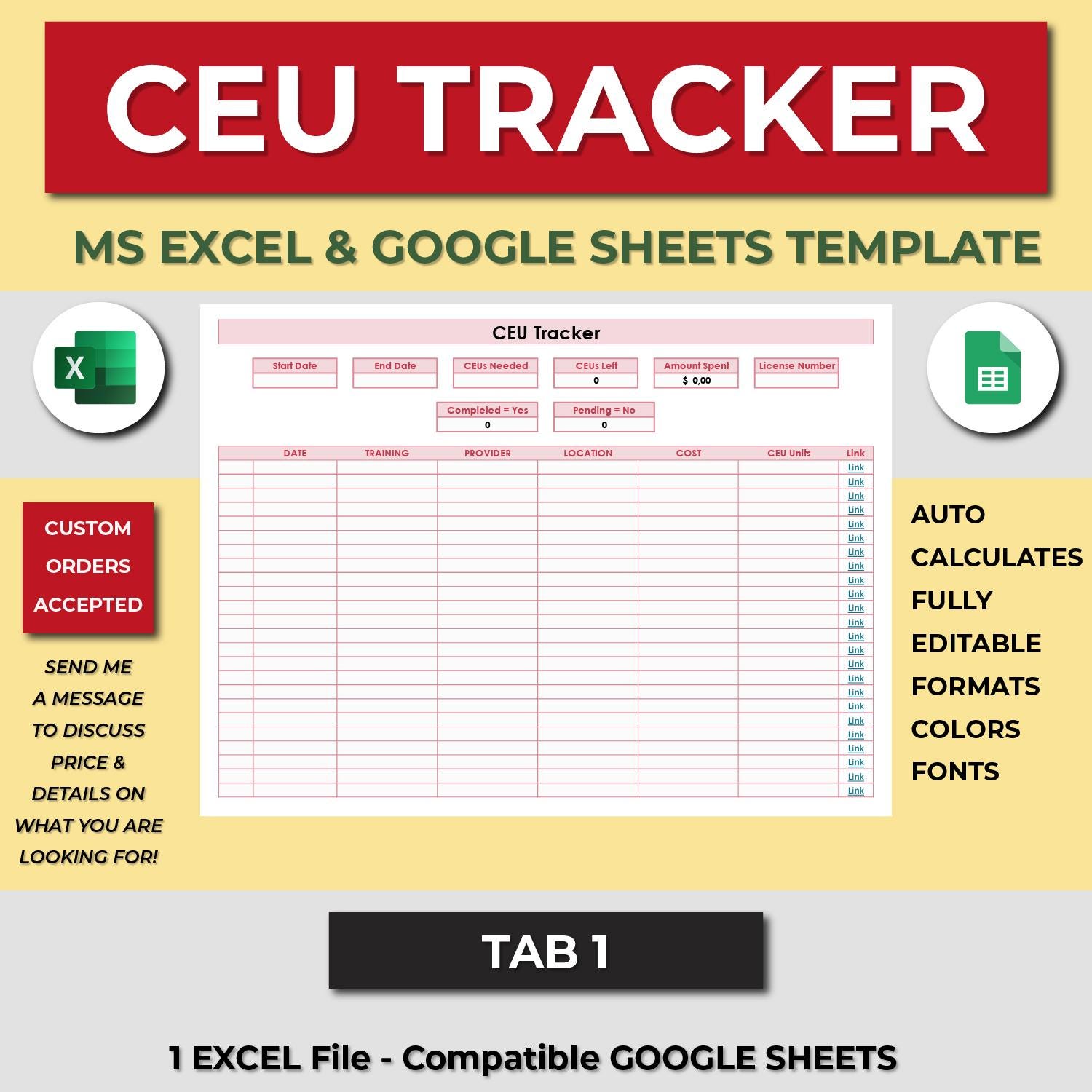 Continuing Education Spreadsheet. Excel & Google Sheets. CEU Tracker ...