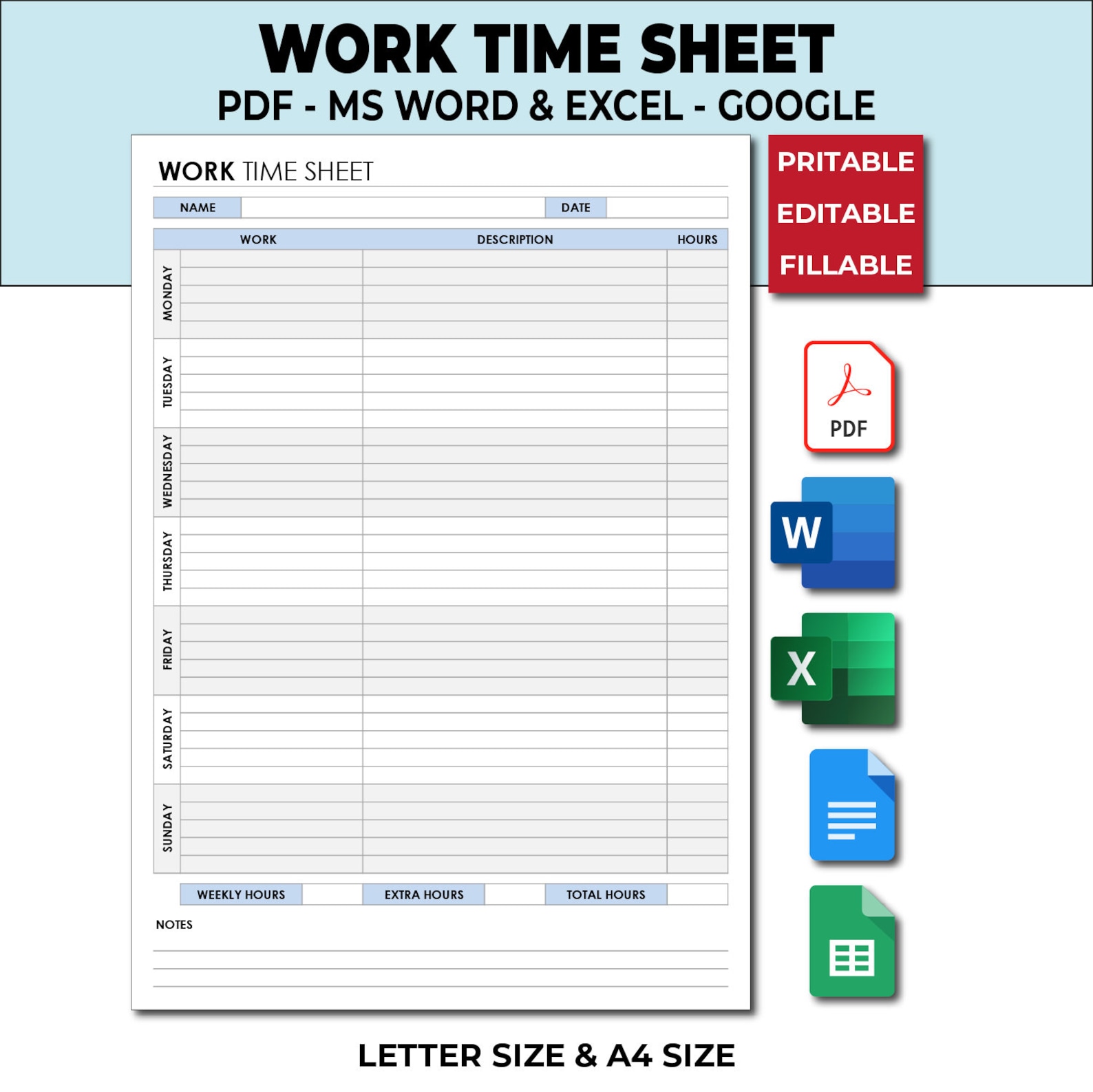 Printable Employee Time Sheet Editable PDF Template, Printable Time ...
