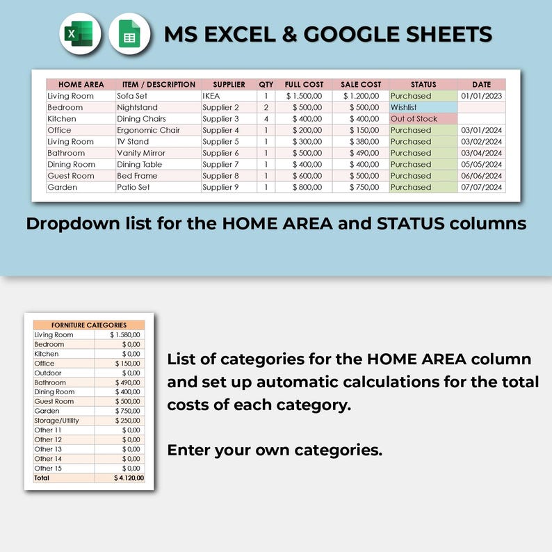 Furniture Cost Tracker | Furniture Planner | Google Sheets Excel Budget ...
