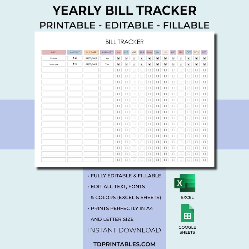 Editable Yearly Bill Payment Tracker,printable Bill Payment Checklist ...