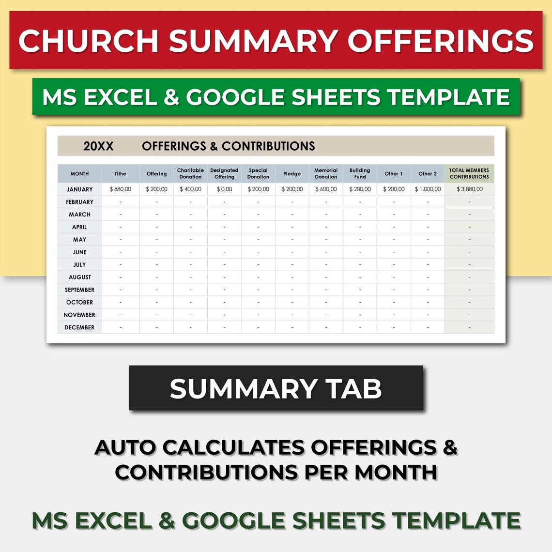 Church Monthly Offering & Contribution Spreadsheet Template. Church ...