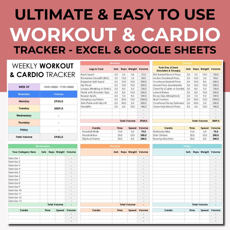 Workout & Cardio Program Tracker Spreadsheet for Excel Google Sheets ...