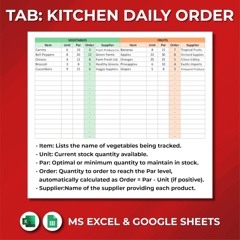 Restaurant Kitchen Spteadsheet Template, Kitchen Daily Order, Excel ...