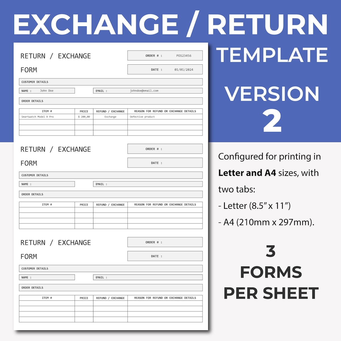 Order Return & Exchange Form Template | Refund Request Form | Editable ...