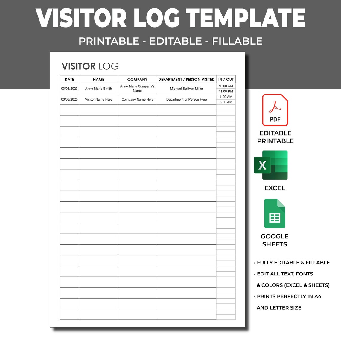 Editable & Printable Visitor Log. Visitor Sign in / Sign Out Sheet ...