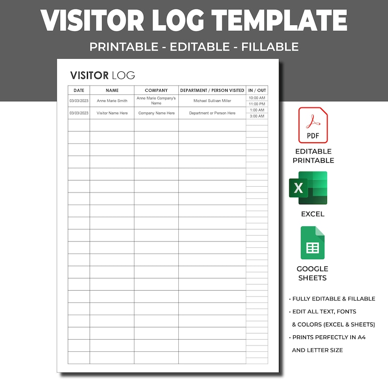 Editable & Printable Visitor Log. Visitor Sign in / Sign Out Sheet ...