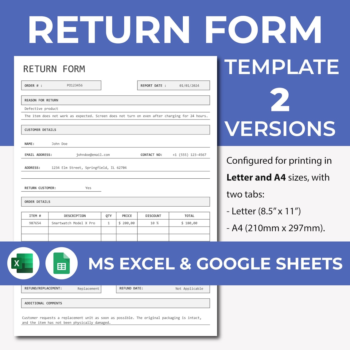Order Return & Exchange Form Template | Refund Request Form | Editable ...