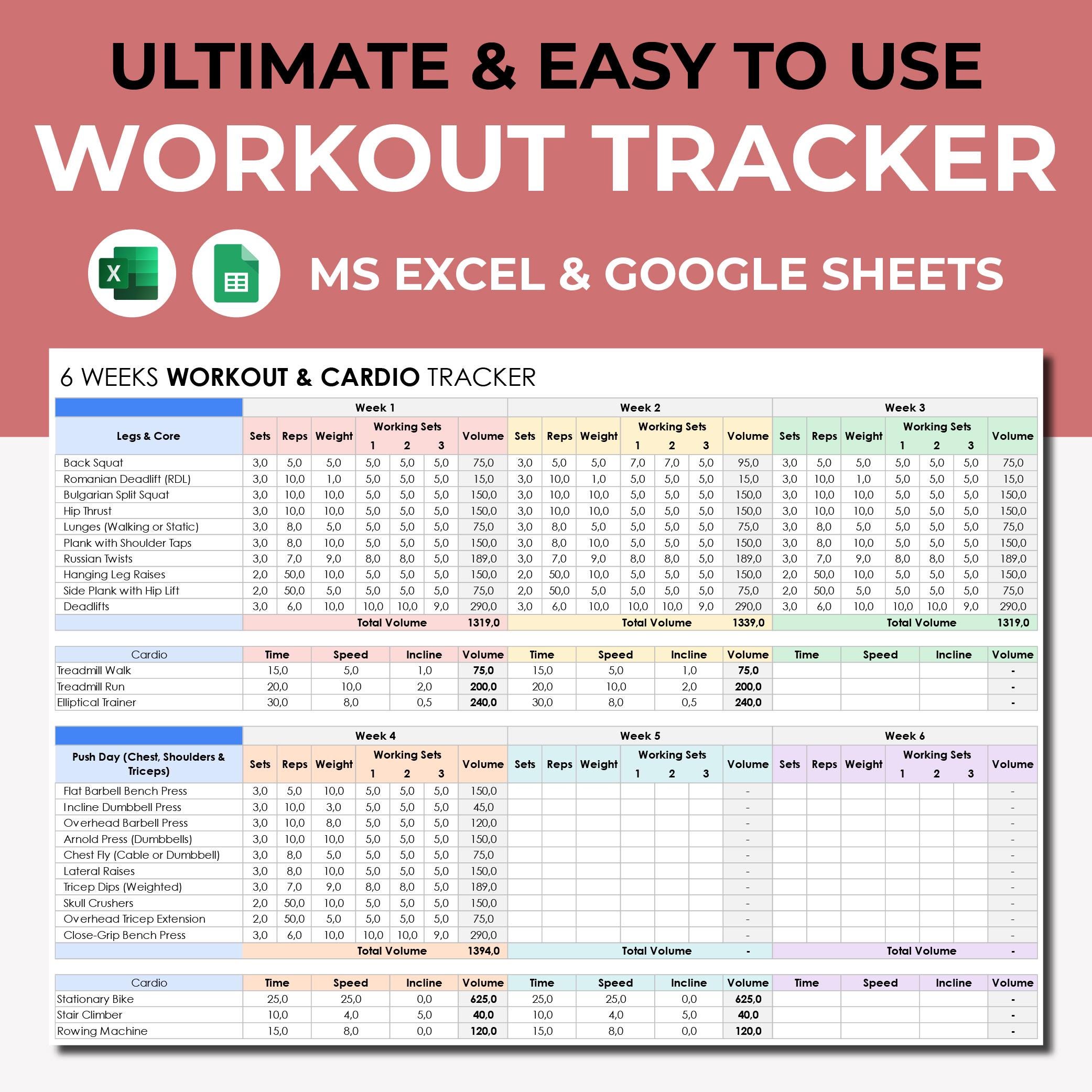 Workout & Cardio Program Tracker Spreadsheet for Excel Google Sheets ...