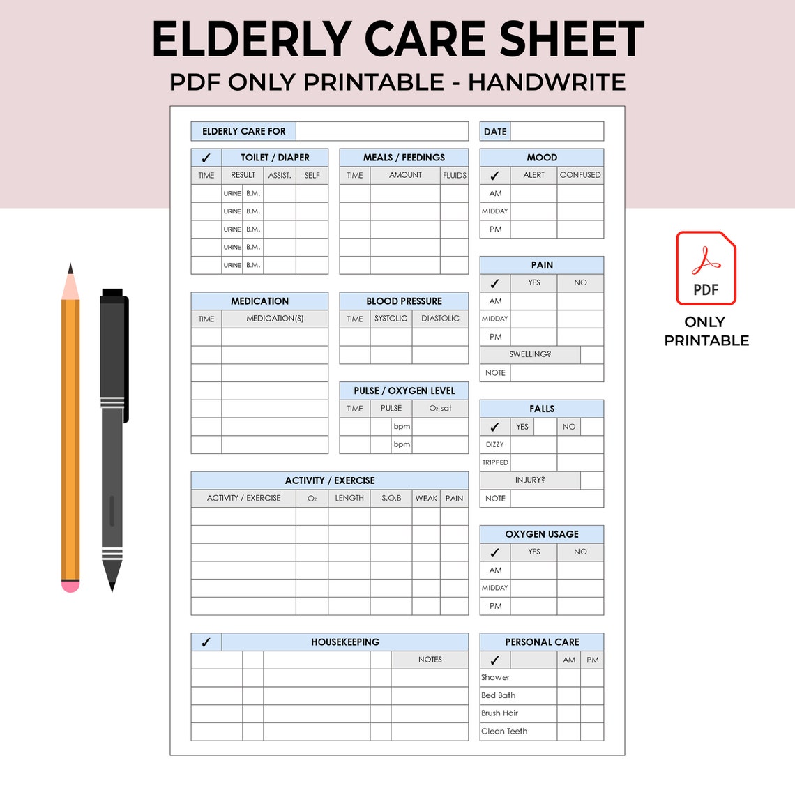 Printable Elderly Care Sheet. Elderly Care Template. Daily Care Log ...
