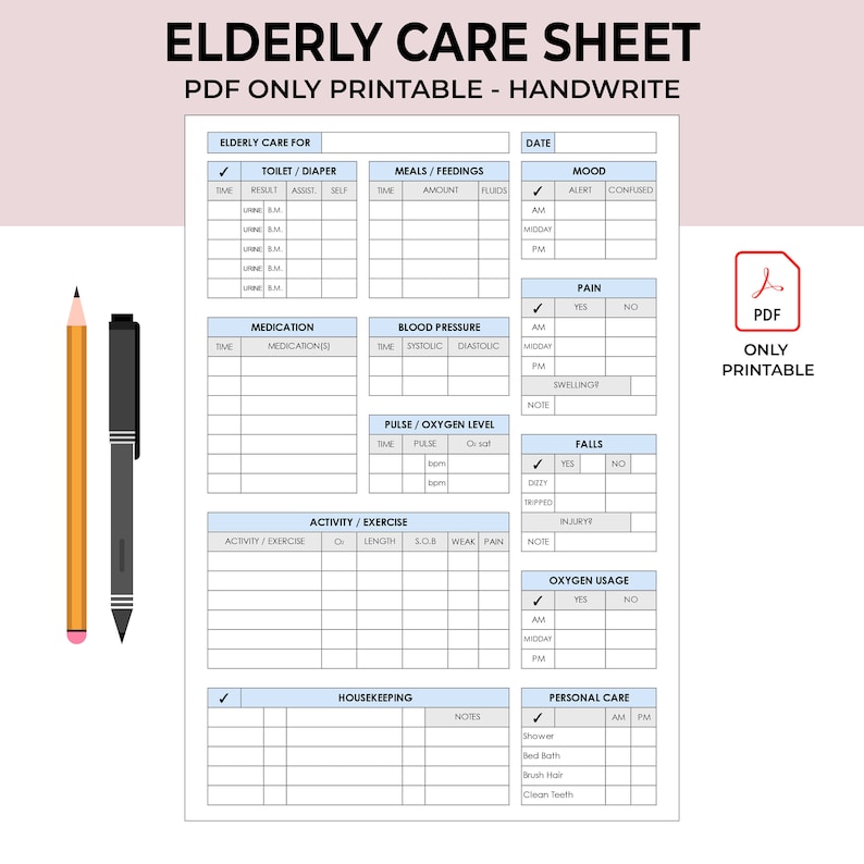 Printable Elderly Care Sheet. Elderly Care Template. Daily Care Log ...