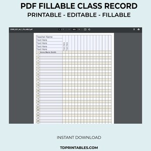 Printable Fillable Class Record, Class Gradebook, Teacher Gradebook ...