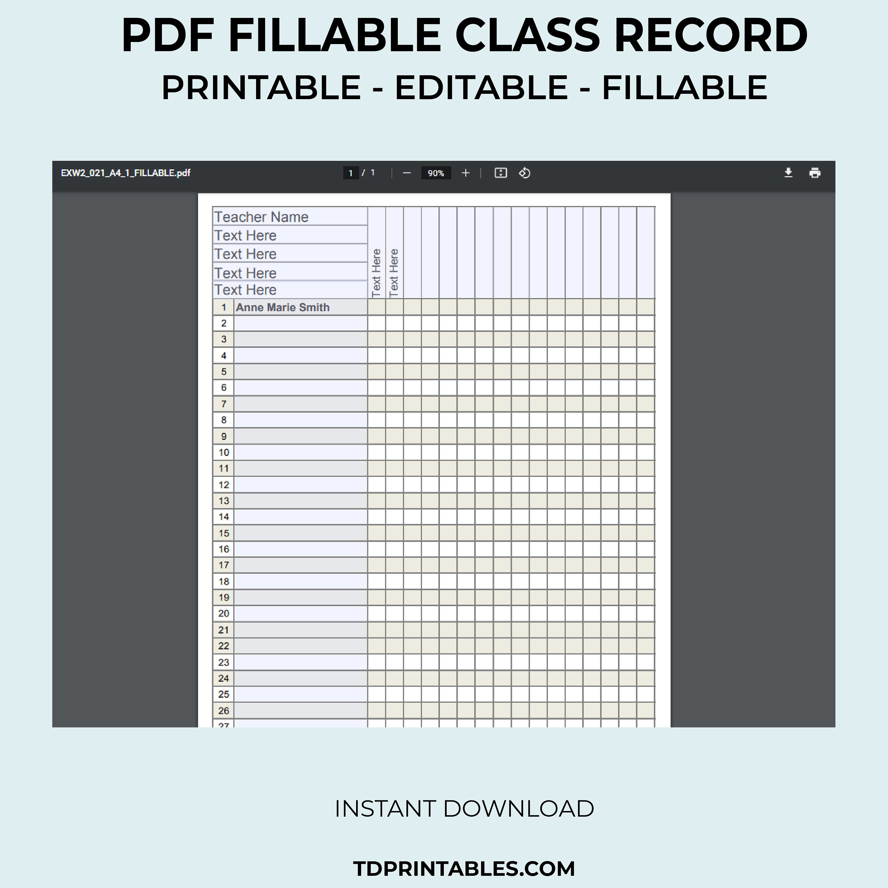 Printable Fillable Class Record, Class Gradebook, Teacher Gradebook ...