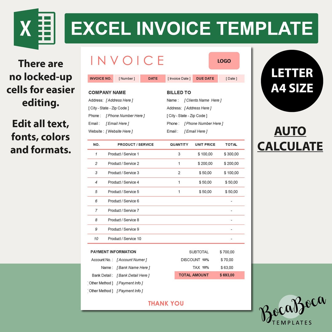Invoice Template EXCEL Modern and Professional Invoice - Etsy
