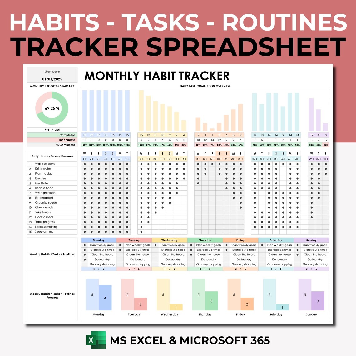 Habit Task Routine Tracker Spreadsheet, EXCEL 365 Template, Daily ...