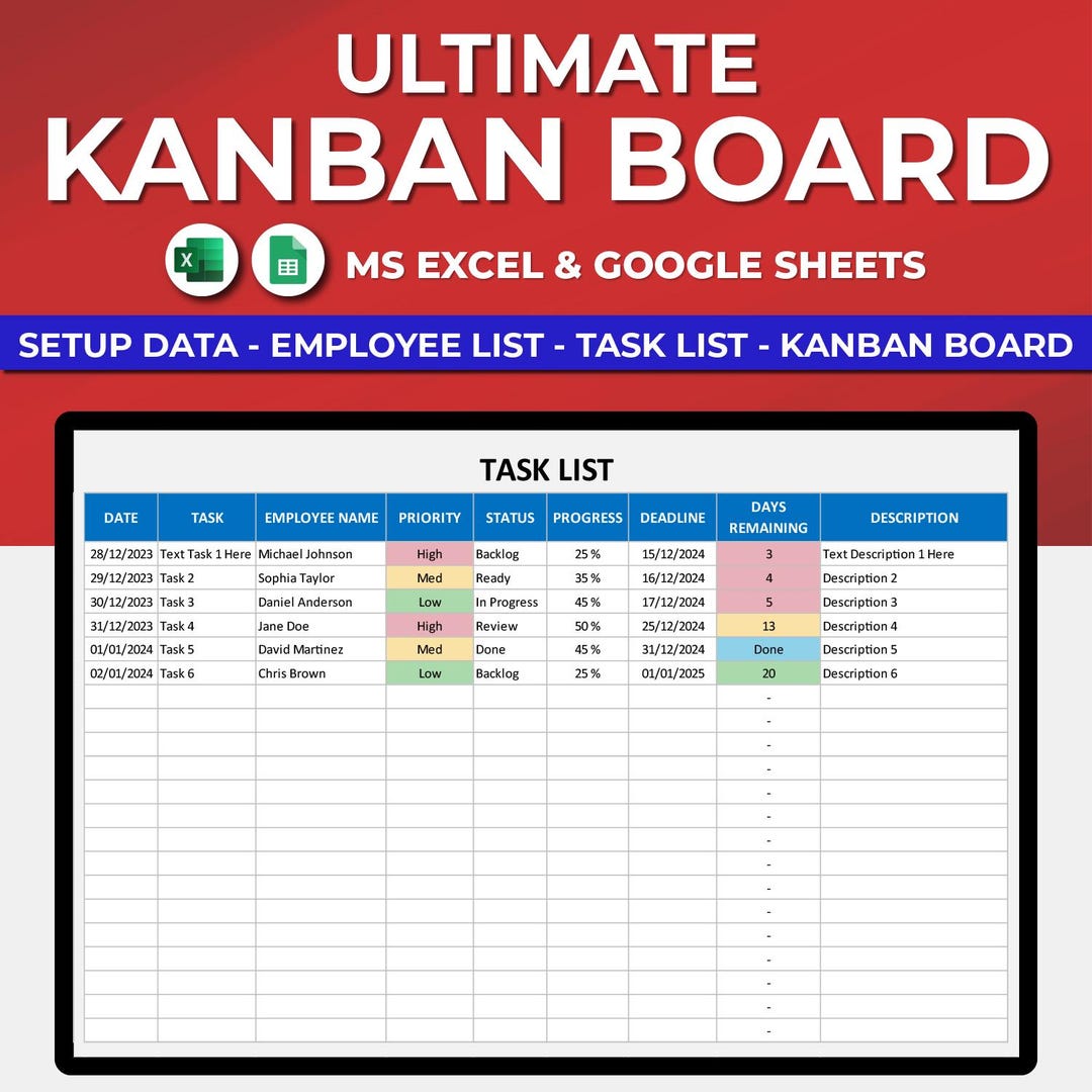 Kanban Excel Sheet. Deadline Tracker. Excel Project Task Manager ...