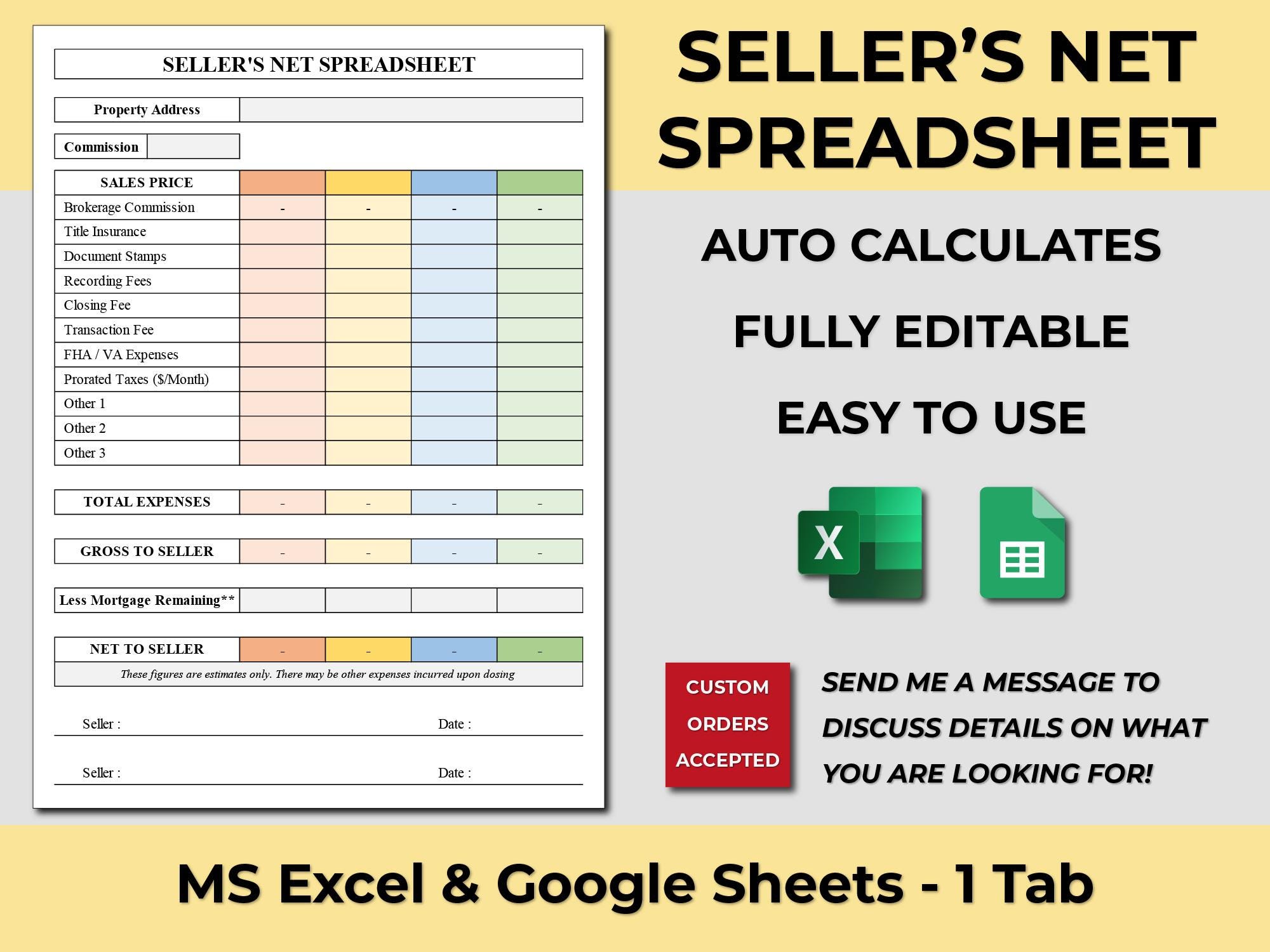 Seller's Net Spreadsheet. Seller Proceeds Sheet. Seller Estimated ...