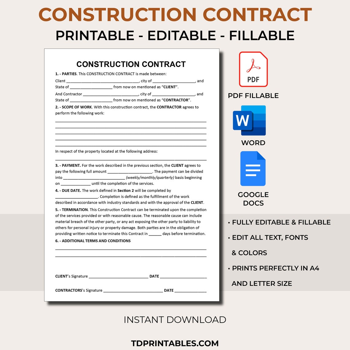 Construction Contract.agreement Template.construction Contract Form ...