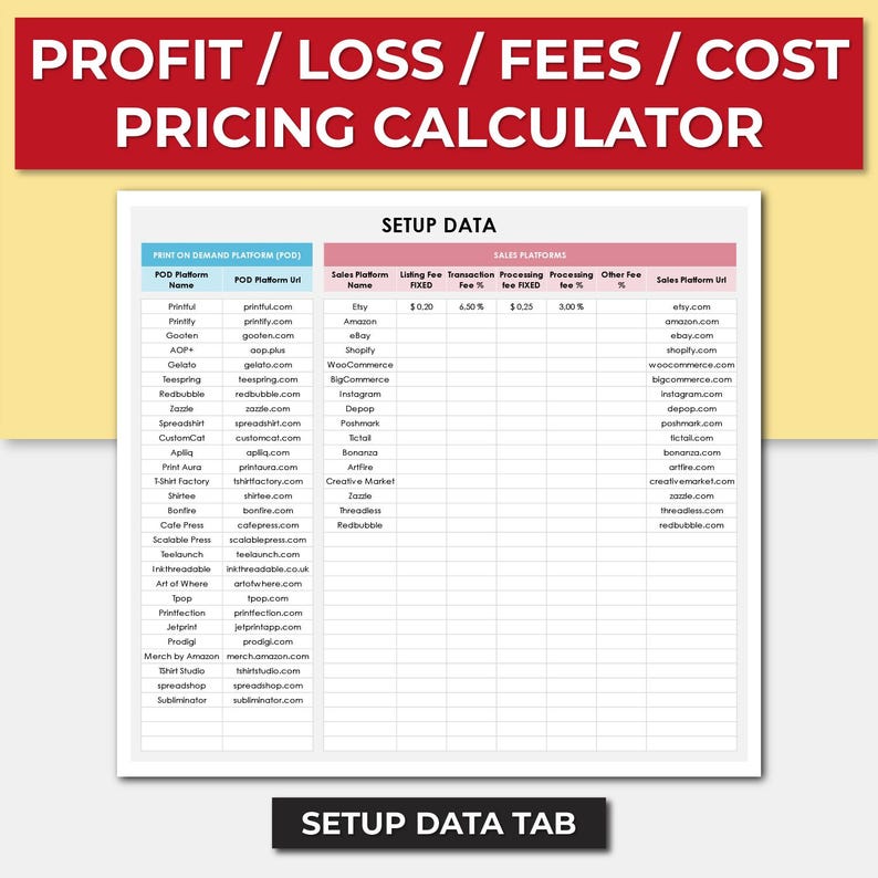 POD Platforms Profit & Fees Calculator. Printify Printful Gelato AOP+ ...