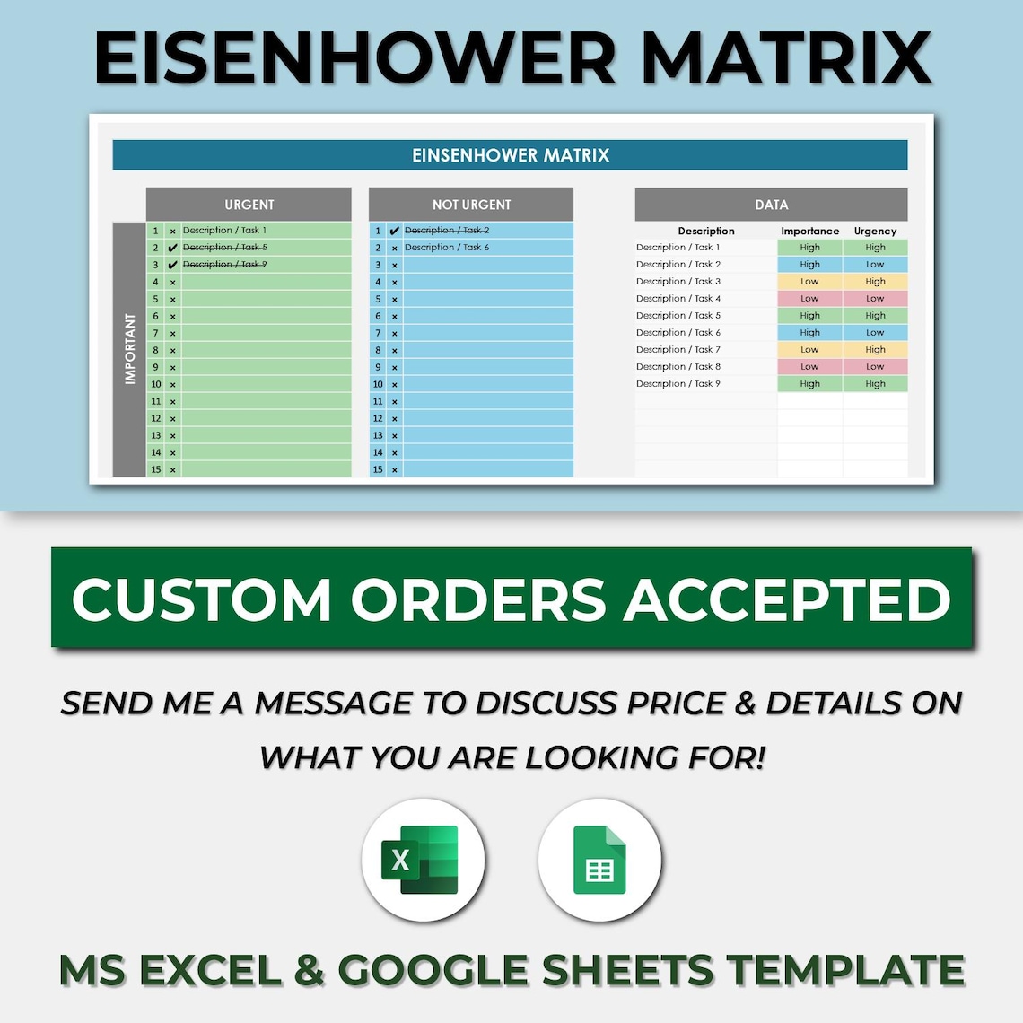 Eisenhower Matrix Spreadsheet Template. Excel Google Sheets. Task ...