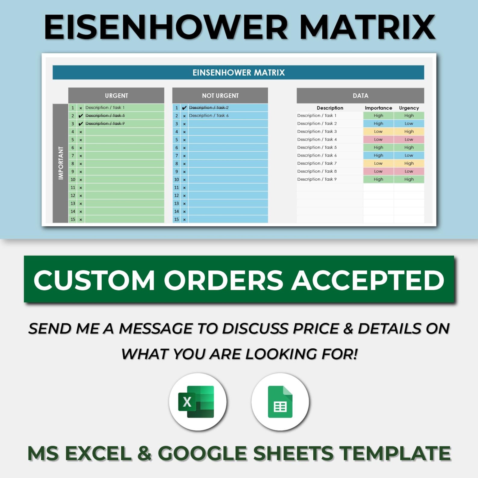 Eisenhower Matrix Spreadsheet Template. Excel Google Sheets. Task ...