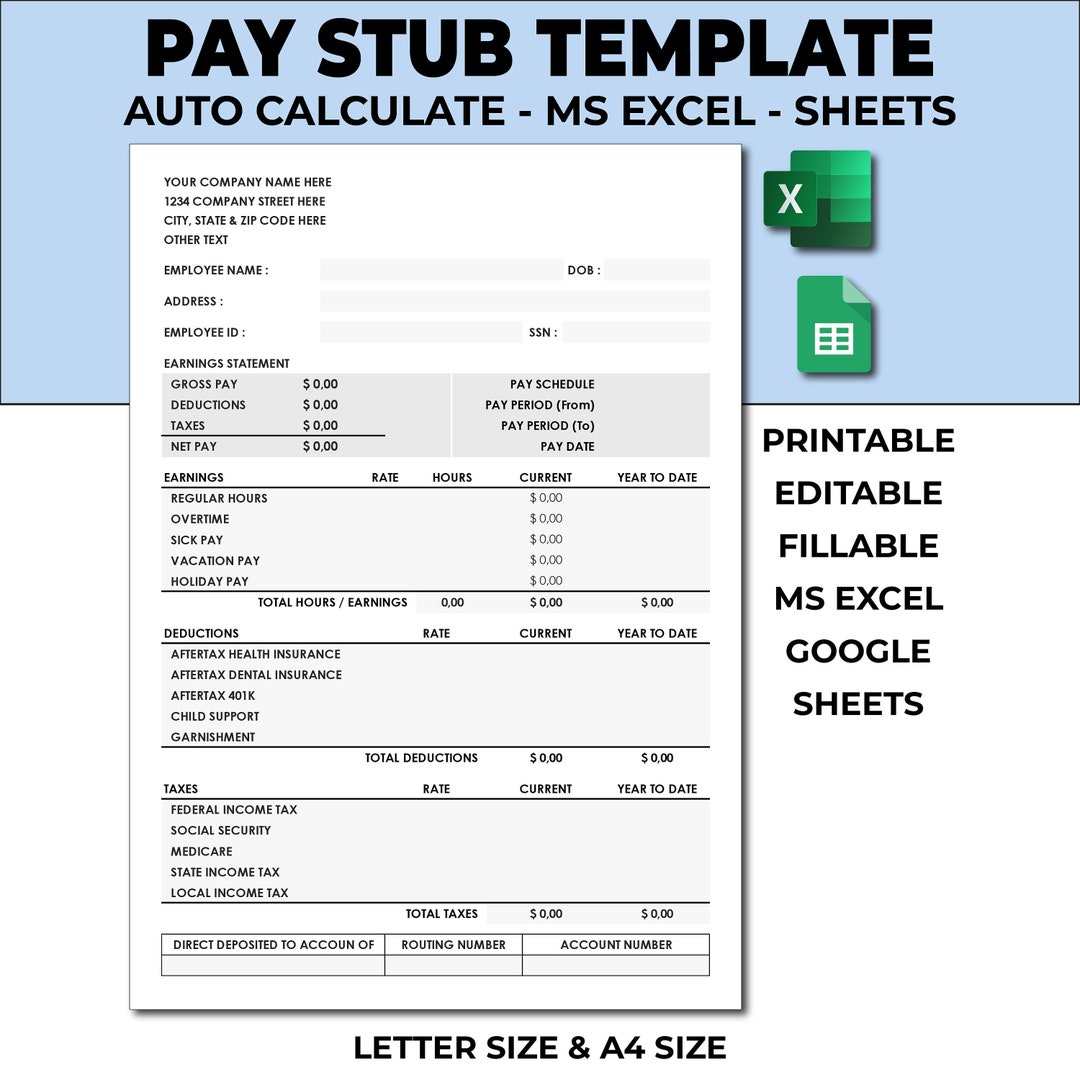 Excel & Google Sheets Spreadsheet Template: Paystub, Payroll, Pay Stub ...