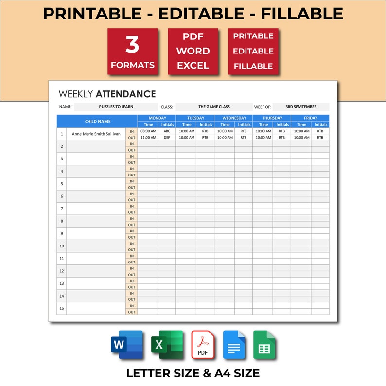 Printable Weekly Attendance Sheet: Daycare, Childcare, Preschool ...