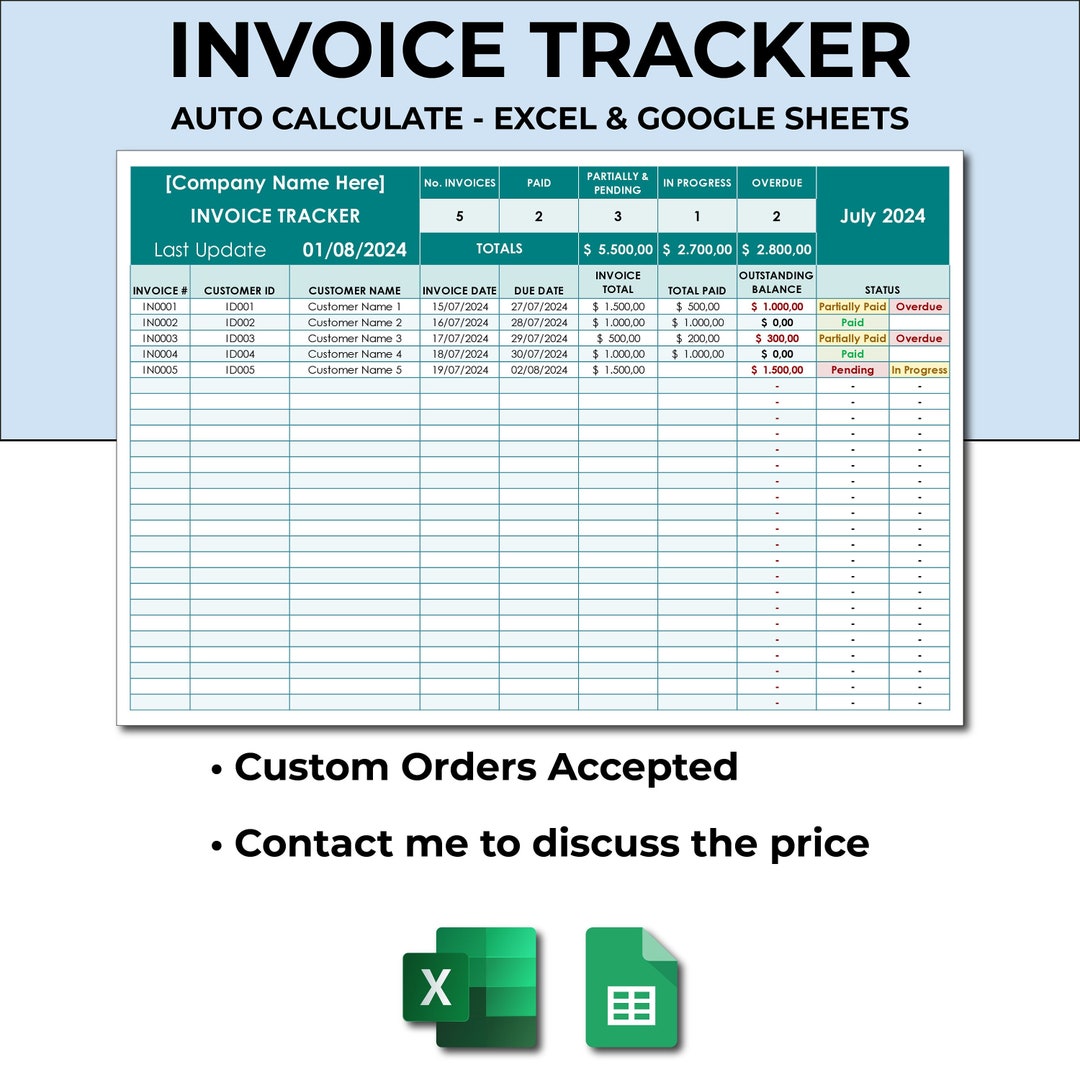 Invoice Tracker Spreadsheet Template. Excel Google Sheets. Customer ...