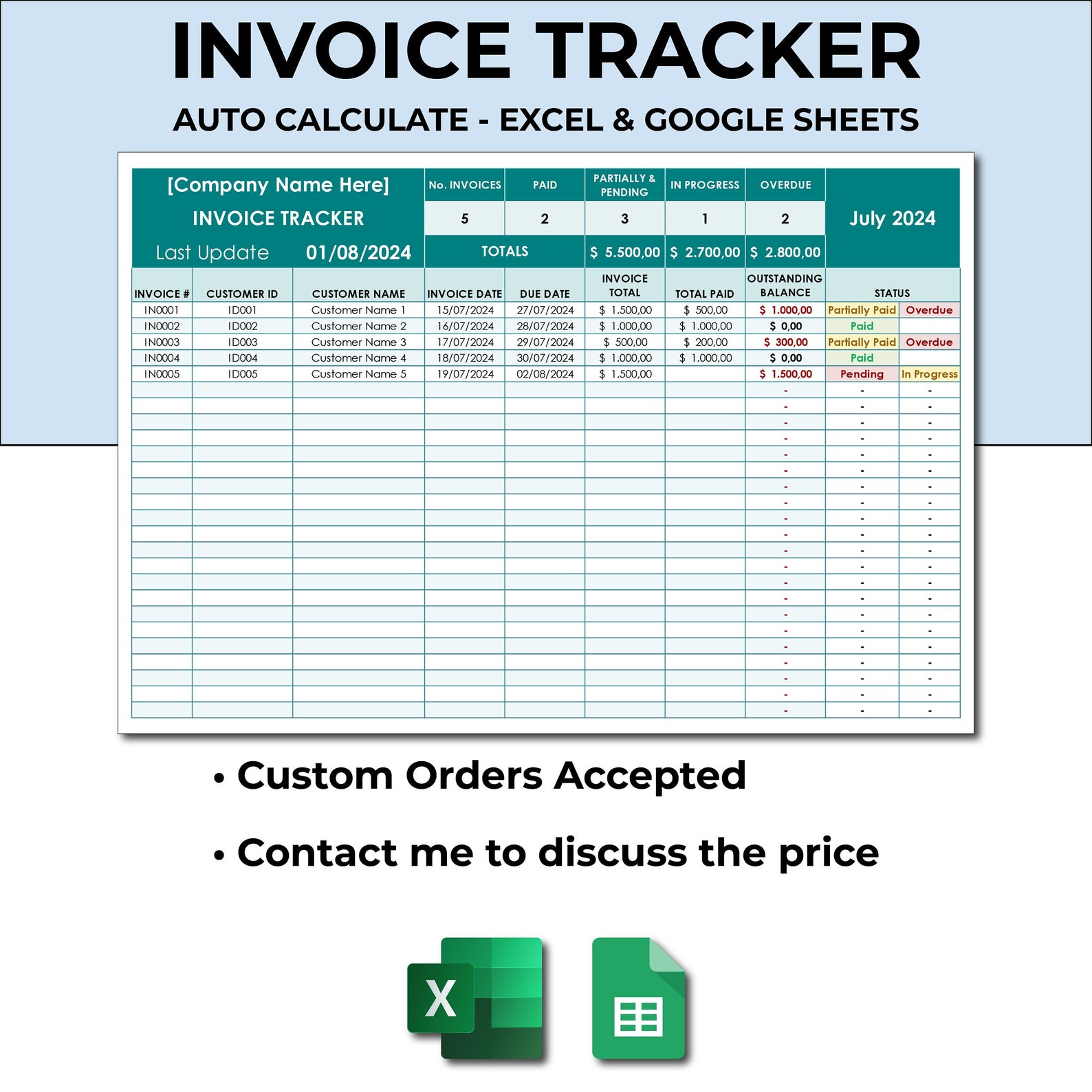 Invoice Tracker Spreadsheet Template. Excel Google Sheets. Customer ...