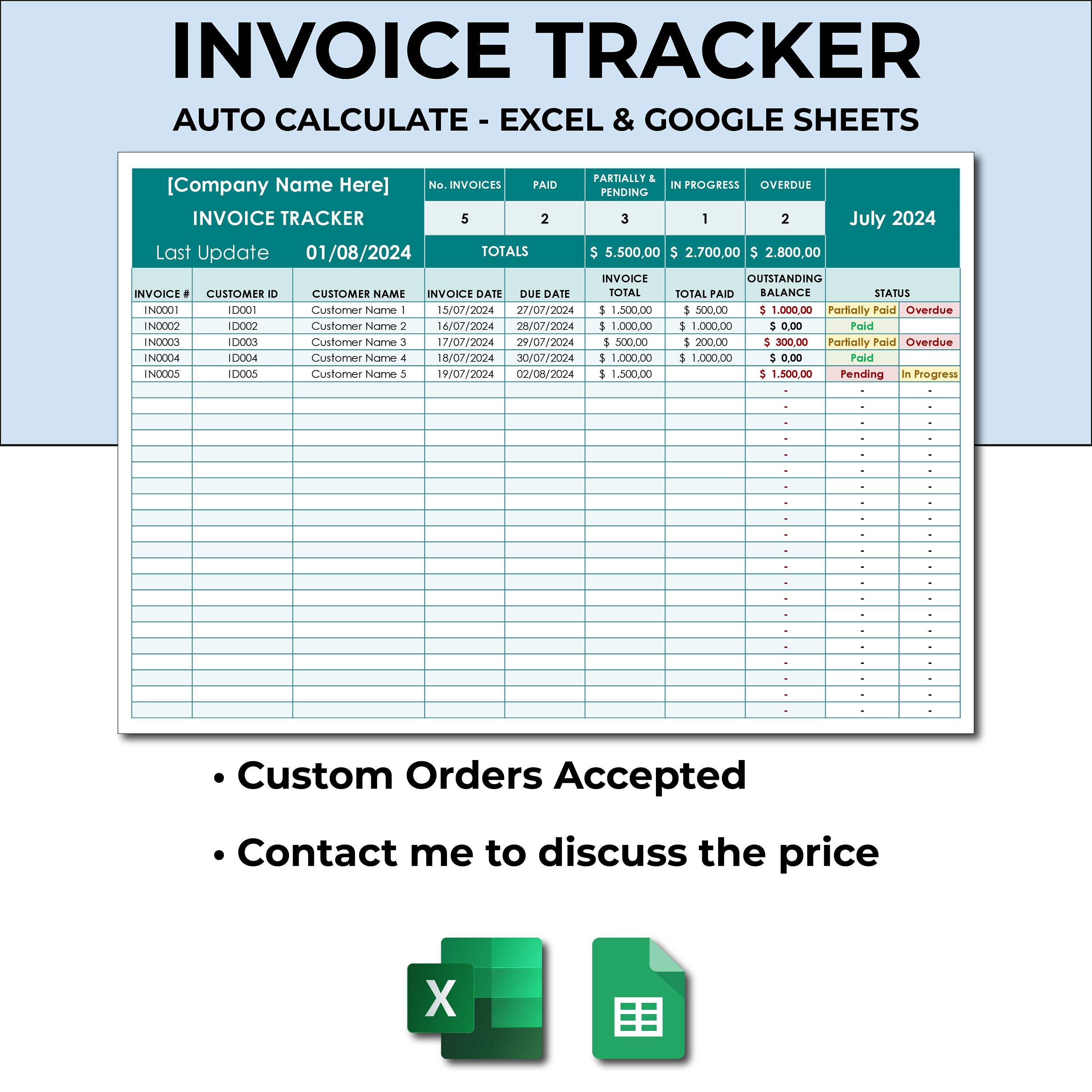 Invoice Tracker Spreadsheet Template. Excel Google Sheets. Customer Invoice Tracker. Sales ...