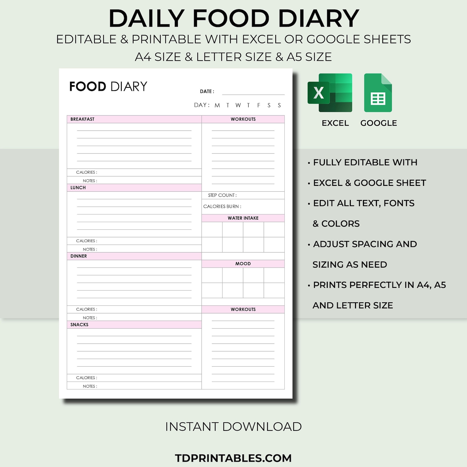 Daily Food Diary Printable Editable, Daily Food Journal, Daily Calories ...