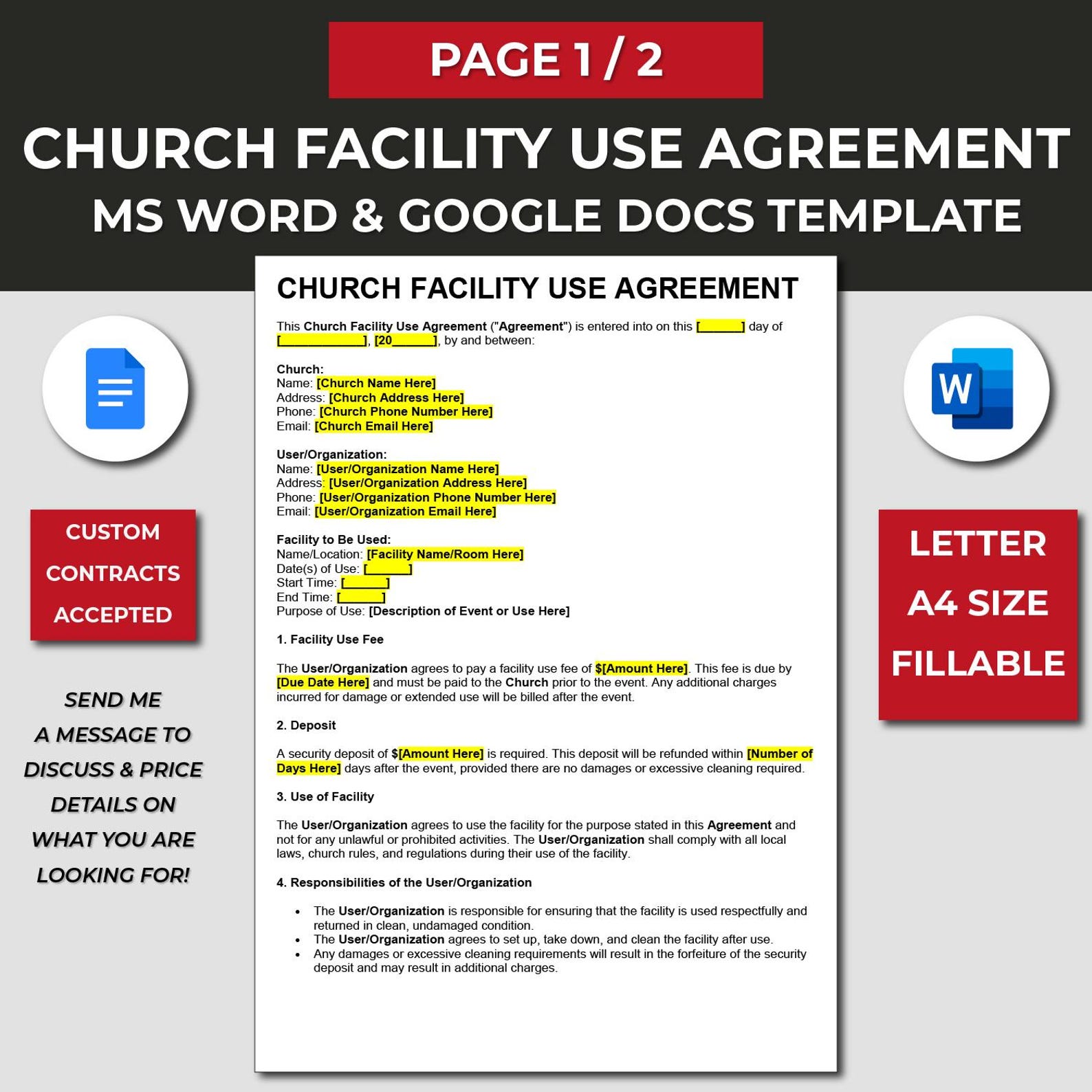 Church Facility Use Agreement Template. Fillabe Editable Church Rental Contract for Events ...