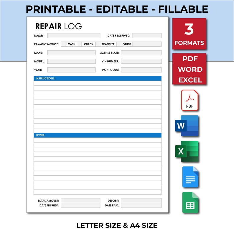 Vehicle Repair Log. Car, Motorcyvle, Truck Repair Log. Vehicle Repair ...