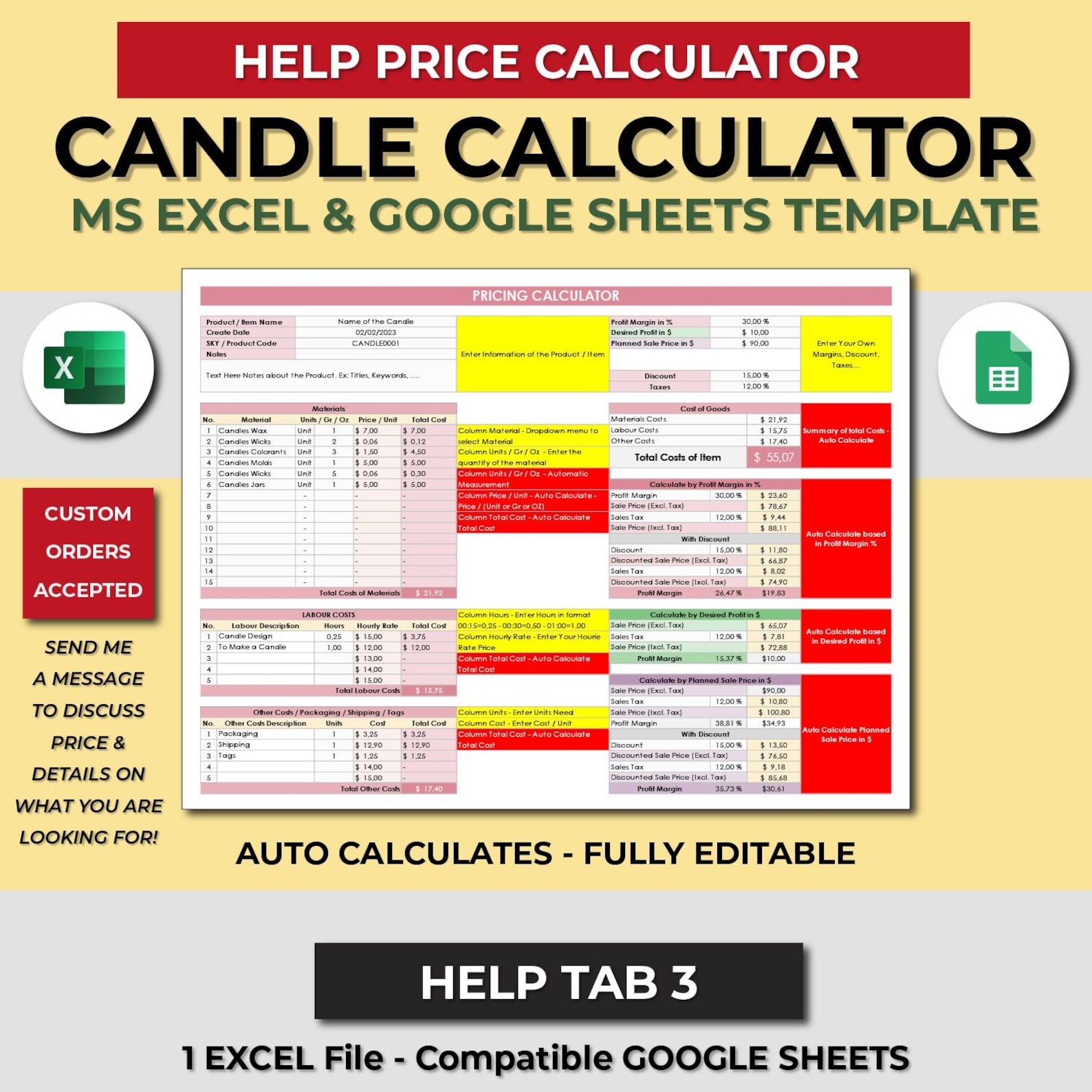 Candle Price Calculator Spreadsheet Template. Handmade Candles Pricing ...